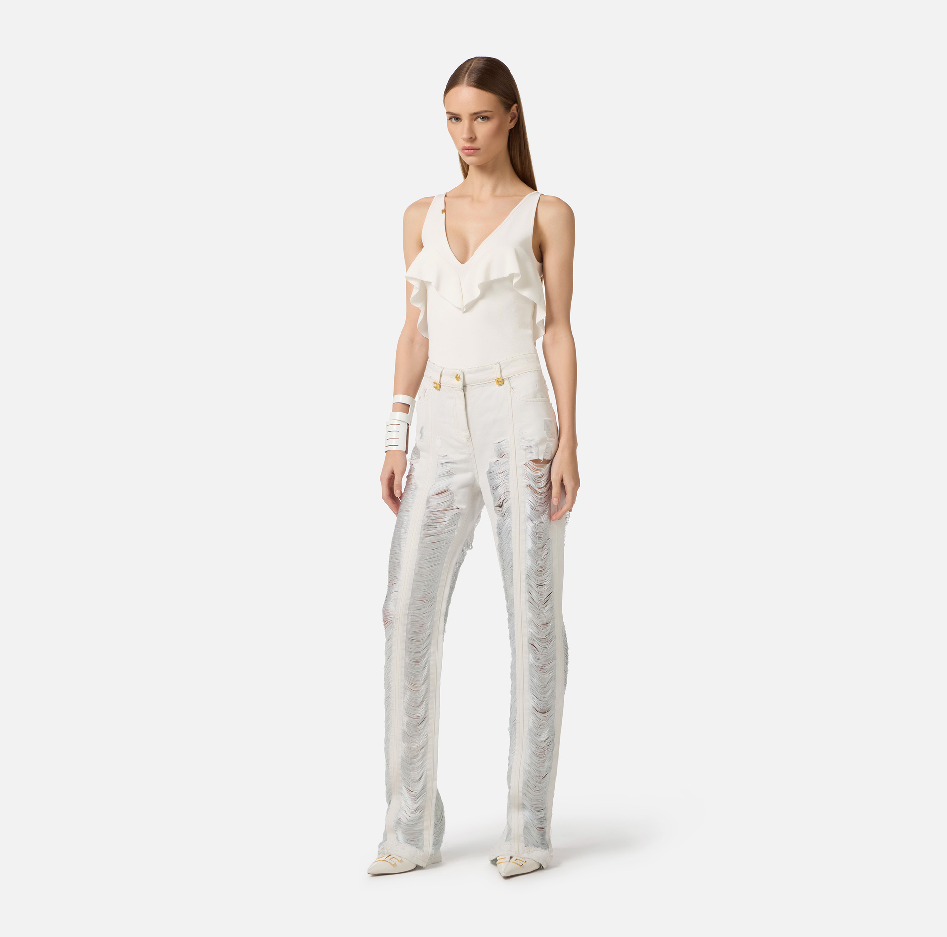 Full Milano stitch knit bodysuit with flounces | Elisabetta Franchi