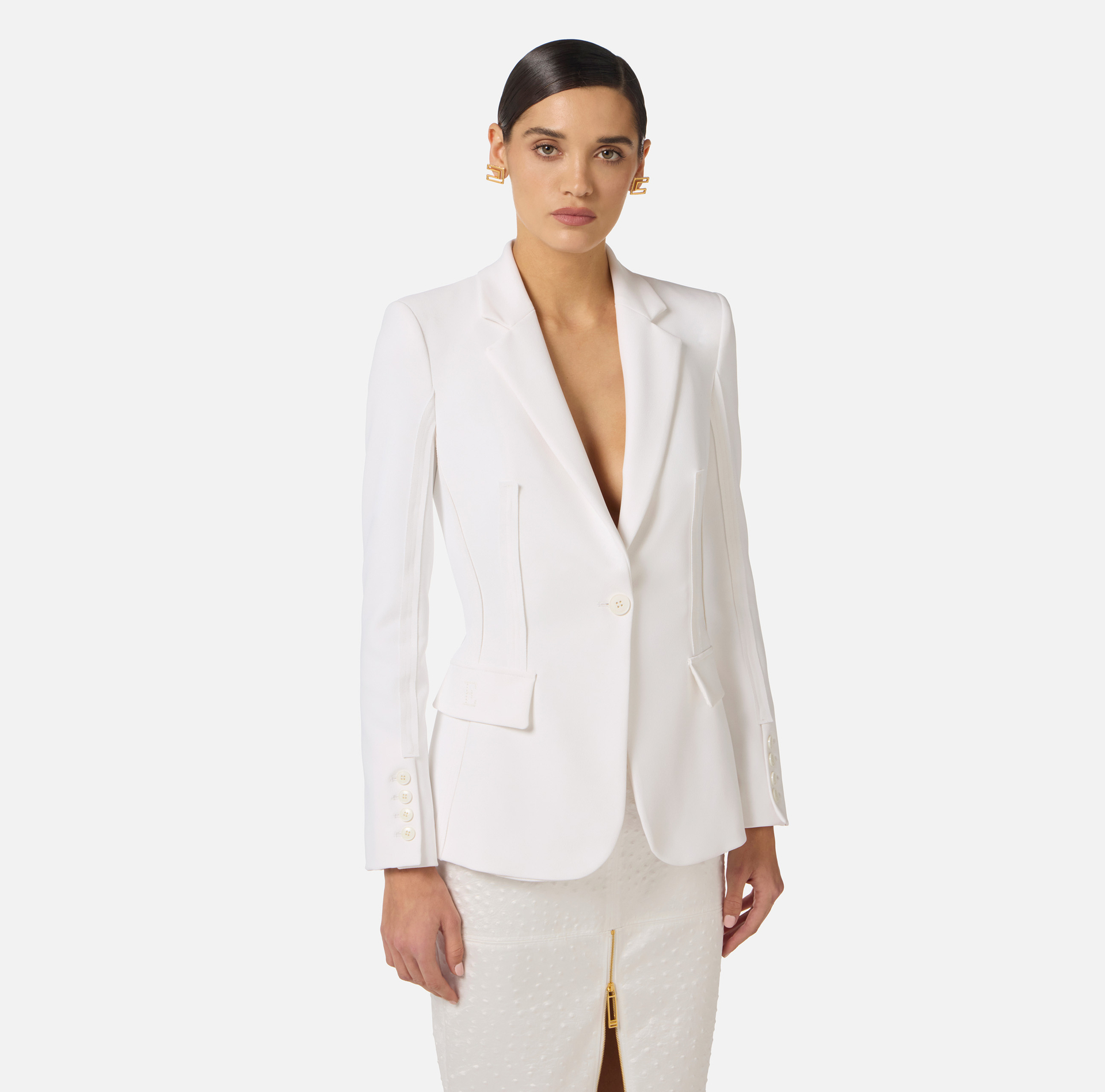 Giacca in doppio crêpe stretch con motivi a taglio vivo | Elisabetta ...